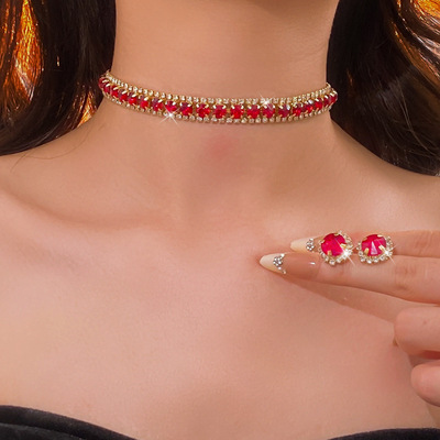 欧美超闪镶钻方形锁骨链耳环套装