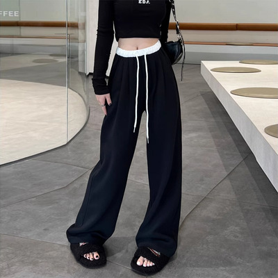 女款春秋2025新款美式高腰宽松休闲卫裤 黑色垂感直筒阔腿运动裤