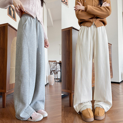 秋冬新款高克重加绒运动裤女宽松直筒高腰显瘦阔腿裤