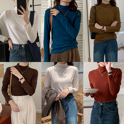 【欧凡】安可拉红半高领打底衫女2025纯色修身长袖面膜T恤女