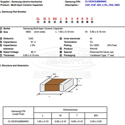 贴片电容 0603 91PF 50V 精度5% C0G NPO 910J (100只)