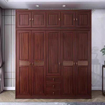 新中式乌金木衣柜对开门卧室储物三门四门五门实木衣柜带边柜顶柜