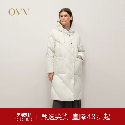 OVV秋冬热卖女装缎面连帽设计休闲多色长款羽绒服
