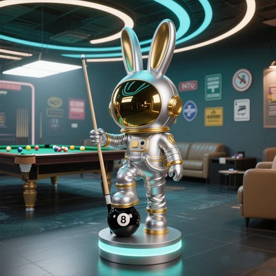商场网红台球科技robbi太空兔子玻璃钢雕塑月光兔电竞酒吧ktv摆件