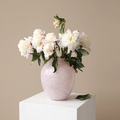 AUFUNRA淡粉玻璃花瓶摆件轻奢高级感客厅桌面水养插花装饰花器