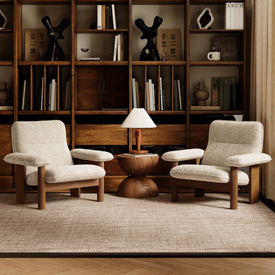 北欧简约实木单人沙发椅客厅阳台休闲椅中古样板间布艺单椅洽谈椅
