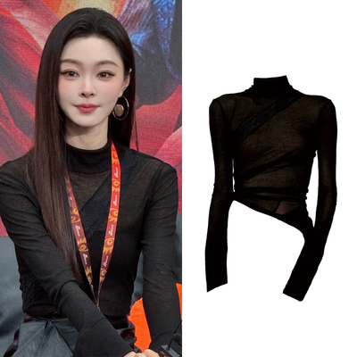 宋轶同款黑色性感透视网纱上衣女