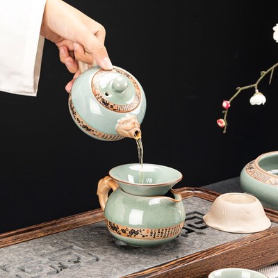整套哥窑功夫茶具茶杯套装家用陶瓷茶具茶壶洗茶叶罐盖碗茶道配件