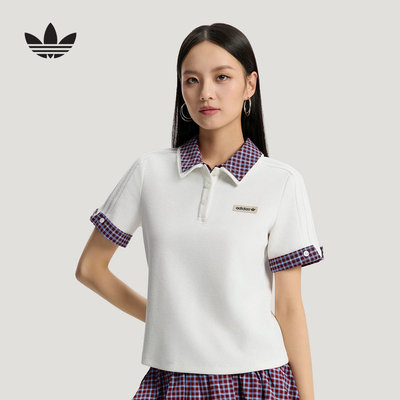 adidas阿迪达斯三叶草格子呢短袖polo衫夏女修身半袖T恤 KU9396