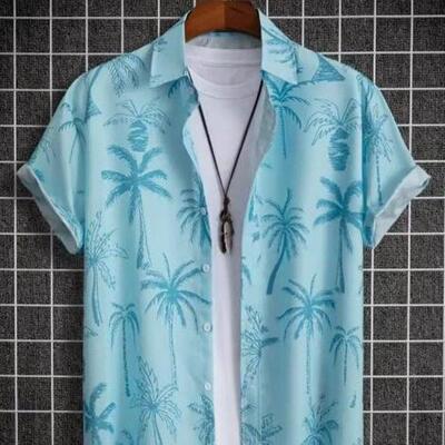 Palm Print Sleeve Shirt Casual Tropical Button Summer Men