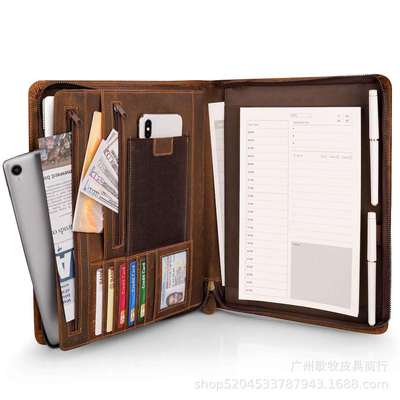 欧美疯马皮复古拉链商务会议文件夹销售合同夹大容量收纳文件袋