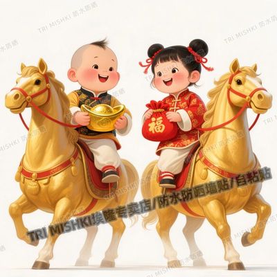 新年马年金童玉女马上有钱贴纸客