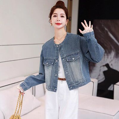 2025春季新款圆领牛仔外套女蕾丝拼接夹克设计感小个子上衣OU6785