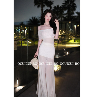 一字肩醋酸上衣雪纺半裙气质套装