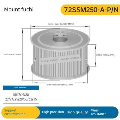 S5M72齿双侧平同步滑轮槽宽27af型同步滑轮齿轮铝制72S5M250-A
