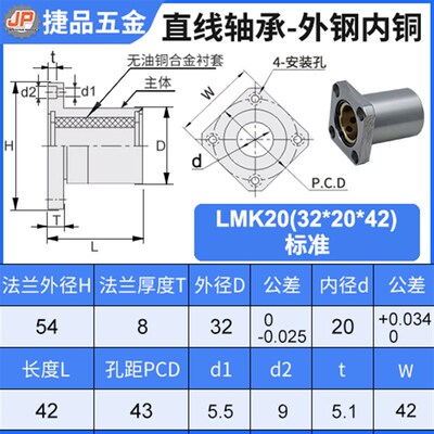 LMK6-60外钢内铜直线运动轴承方法兰自润滑轴承加长石墨铜套耐磨