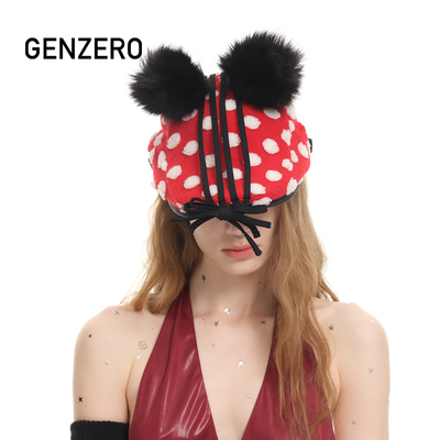 GENZERO复古波点毛绒鼠耳前进帽