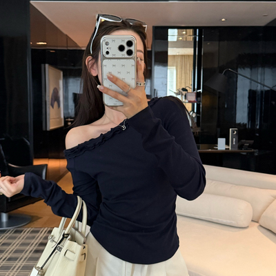 KAPOK-26年春款木耳边斜肩百搭气质长袖上衣长袖T恤26125