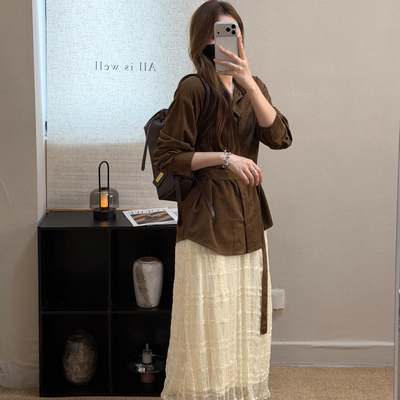 AO2-腰长袖衬衫女复古翻领腰带衬衣两色衬衫6179-1清仓打折福利