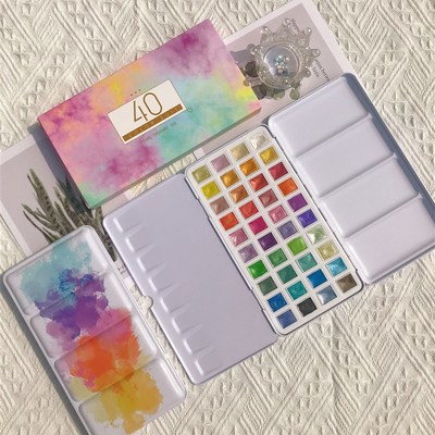 40色珠光固体水彩颜料铁盒小清新套装儿童学生初学者专业美术工具