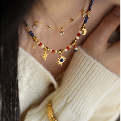 JoJo｜设计师款「蓝夜星语」青金石玛瑙星月吊坠项链樱桃锁骨链