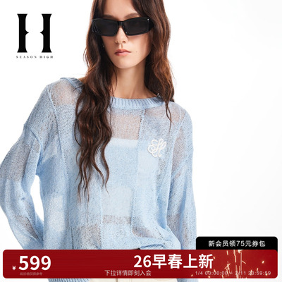 SEASON HIGH女装针织衫春季新款时尚皮标logo宽松圆领长袖上衣