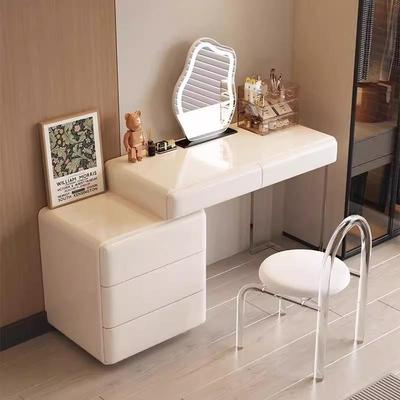 实木梳妆台收纳一体伸缩三斗柜卧室奶油风透明亚克力化妆桌六斗柜