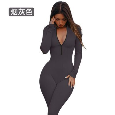 Open collar zipper long pants jumpsuit开领拉链长袖长裤连体衣