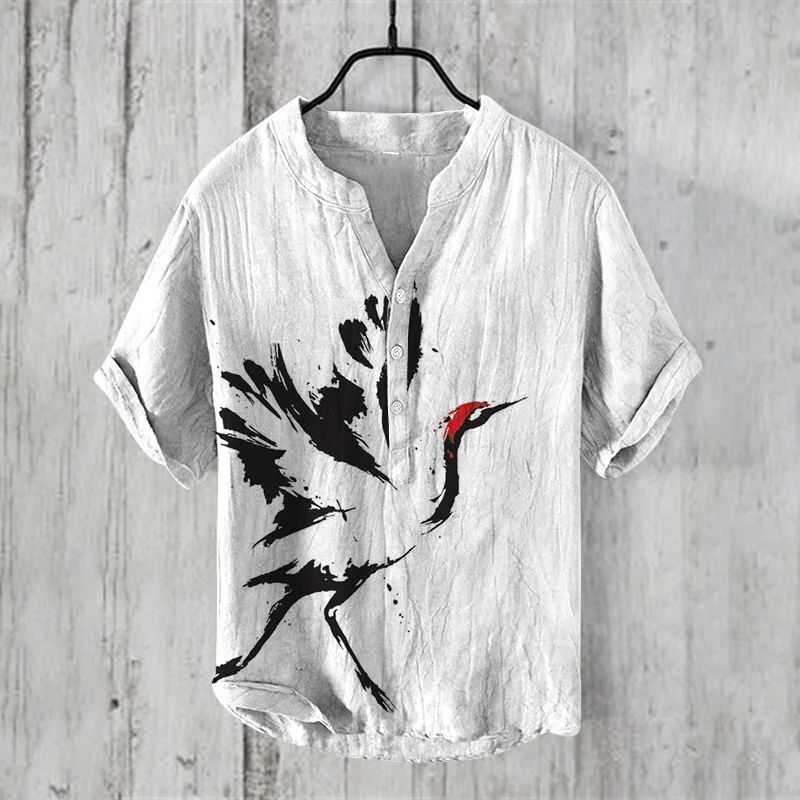 印花立领系扣短袖衬衫Printed stand up colar buton short shirt