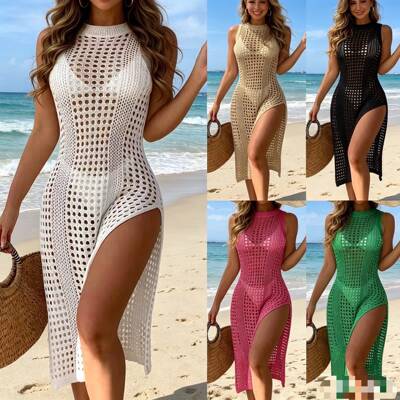 Women's Solid Color Crochet Cover Up Dress, Casual Sleeveles
