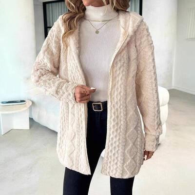 Women ' s Fall Winter Knit Jacquard Hooded Plush Zipper Coat