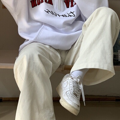 极速HOUZHOU Beige Corduroy VintageE Wide Leg Pants Women Kor