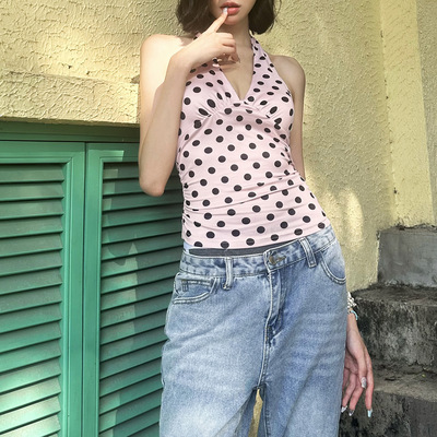 女士波点挂脖V领吊带背心透气