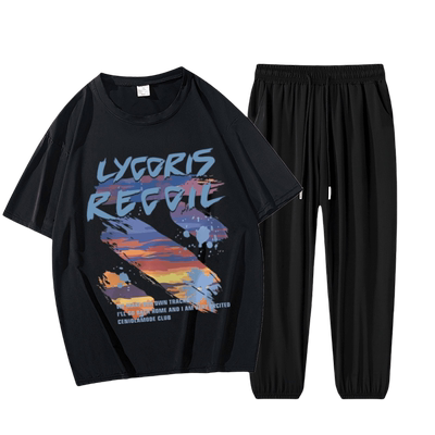 速干运动套装男夏季潮流宽松冰丝短袖t恤休闲九分裤长裤两件套