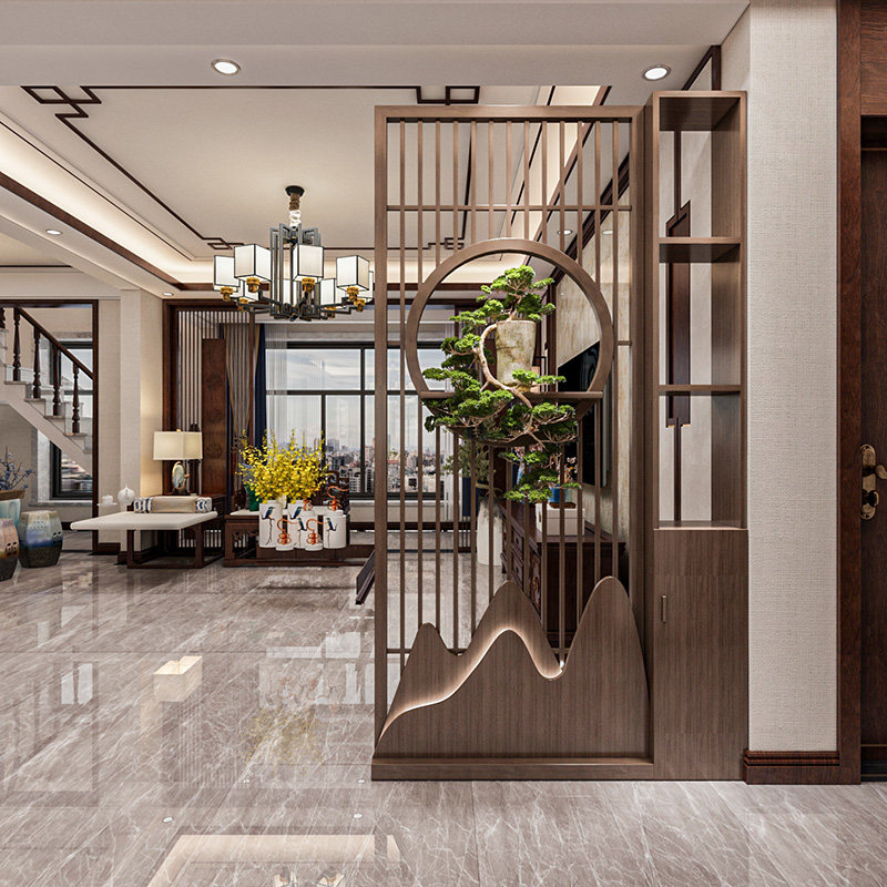 新中式实木镂空屏风隔断客厅入户进门玄关家用餐厅边柜原木隔断柜