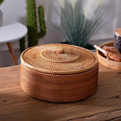 藤编收纳盒桌面床头收纳盒复古茶几粮食收纳盒圆形带盖杂物整理箱