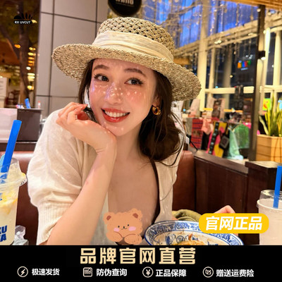 RX UVCUT官网法式镂空丝带平顶草帽夏海边沙滩度假草编防晒遮阳帽
