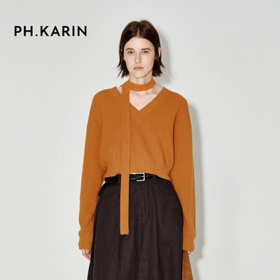 【慢人叙事】PH KARIN绵羊毛混纺宽松短箱型V领针织衫女25秋上衣