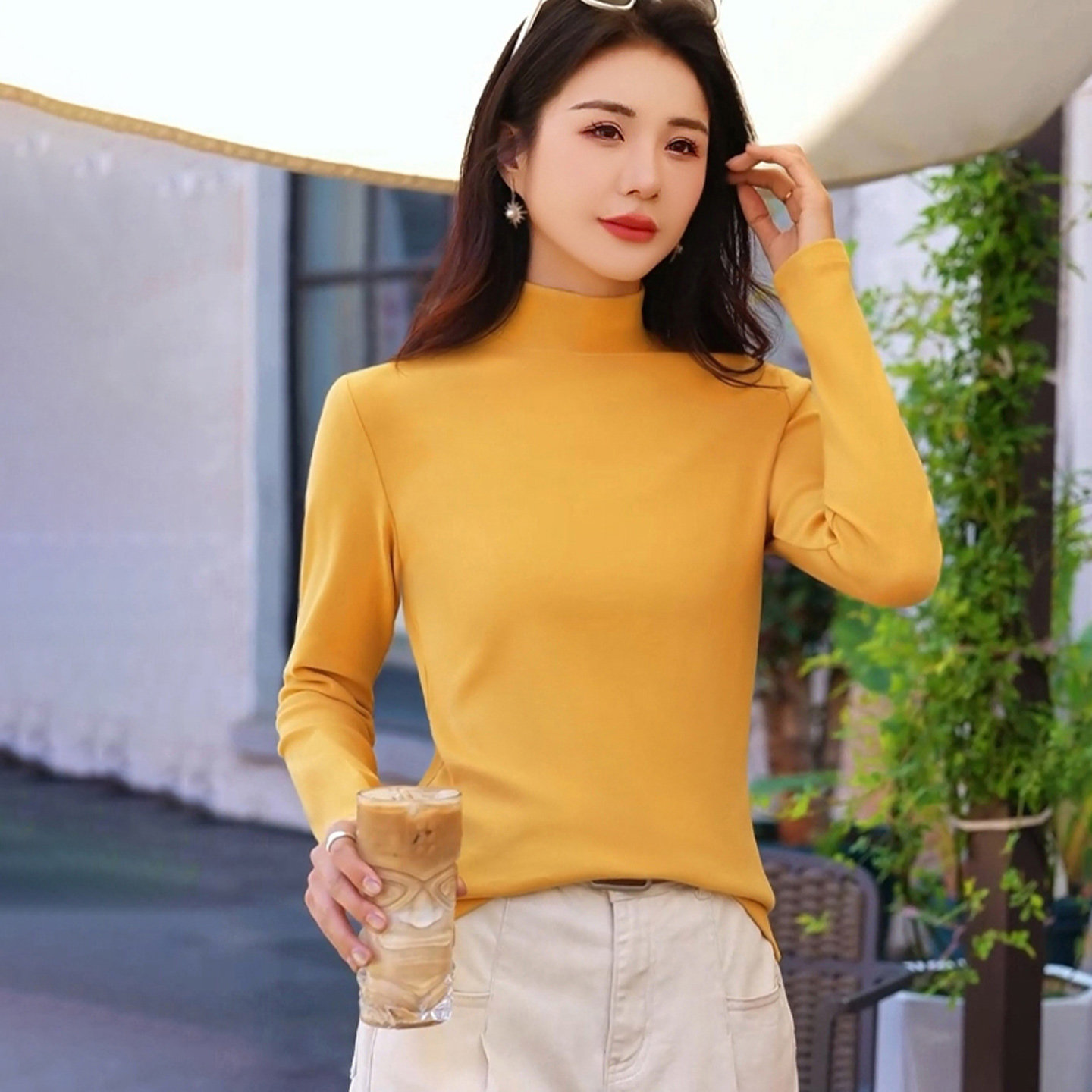 半高领打底衫女秋冬新款磨毛加厚修身纯色内外穿长袖t恤保暖秋衣