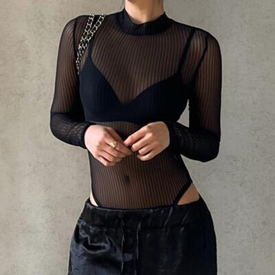 Sexy Backless Mesh Long Sleeve Jumpsuit Sheer Bodycon Romper