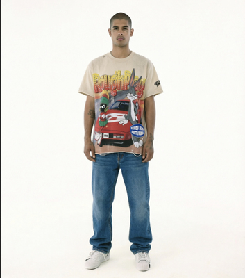 RoughPlay兔八哥法拉利赛车汽车印花破洞泥印洗水做旧短袖T恤男女