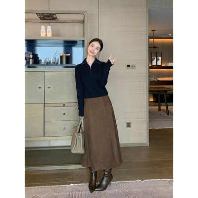 Maven Lin 【现货7折】知性暖咖 时髦麂皮绒半身裙A字大摆伞裙子