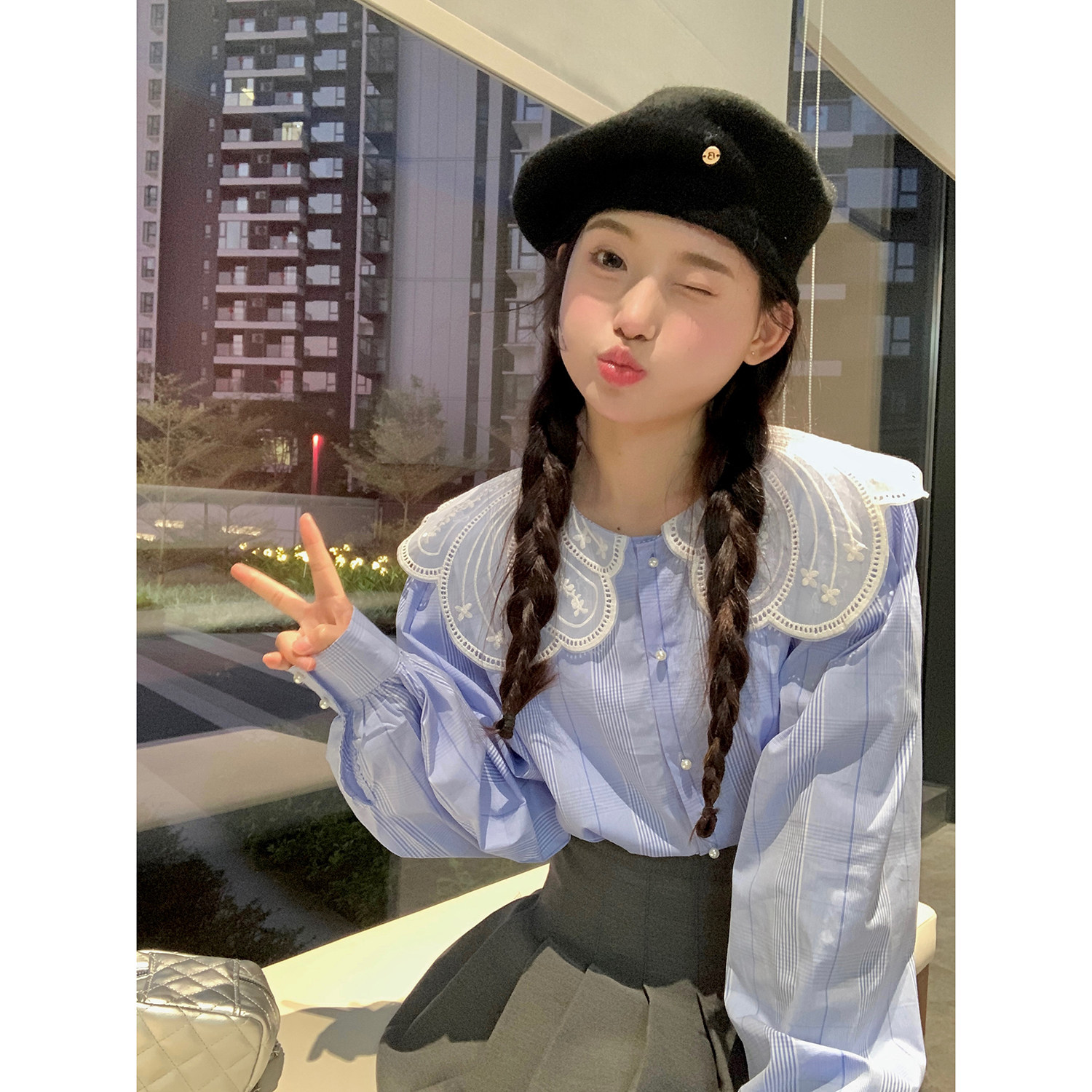 范雯雯 法风花边领 法式少女清新甜美风泡泡袖衬衫春夏长袖上衣