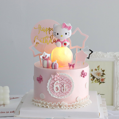 新品KT猫e发光灯蛋糕装饰卡通少女心粉色系儿童女孩生日蝴蝶结星