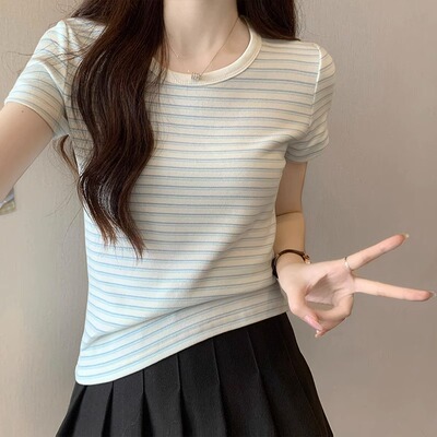 纯棉圆领条纹正肩短袖t恤女洋气