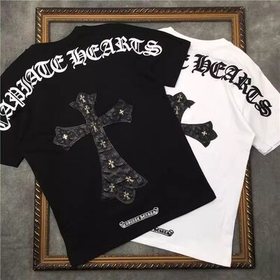 A034立体刺绣PU皮质金属十字架正肩短袖大码男装M4XLP36