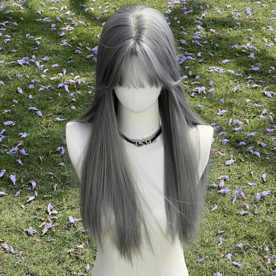 奶奶灰银色全头套齐刘海假发甜酷