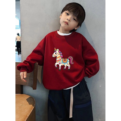 中大童酒红色马年卡通本命年卫衣