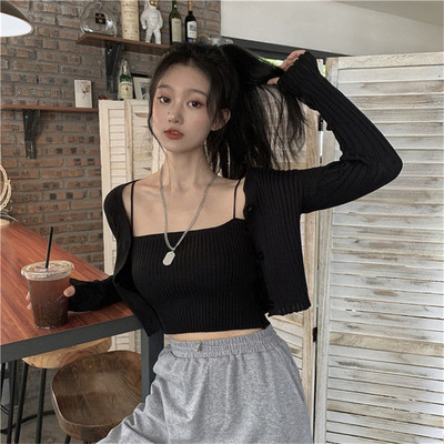 极速Korean Style Two Priece Set Cardigan Women Sexy Autumn C