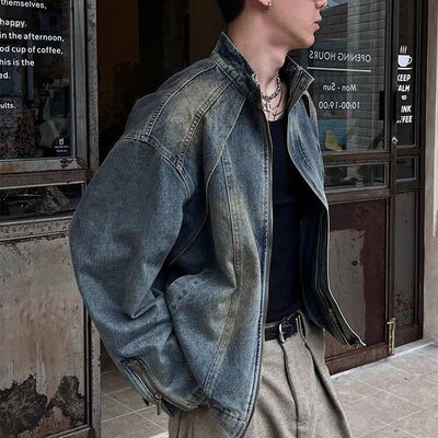 重磅解构牛仔外套男高级感痞帅潮流美式复古立领拉链夹克上衣褂子